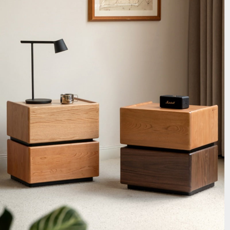 Solid Wood Nightstand - Color Block Design, Minimalist Oak Bedside Cab – IUIGA
